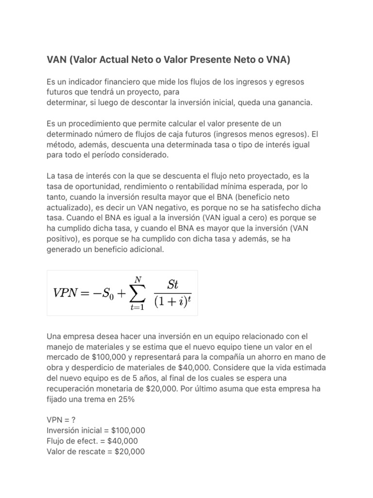 VAN (Valor Actual Neto o Valor Presente Neto o VNA) | PDF | Tasa ...