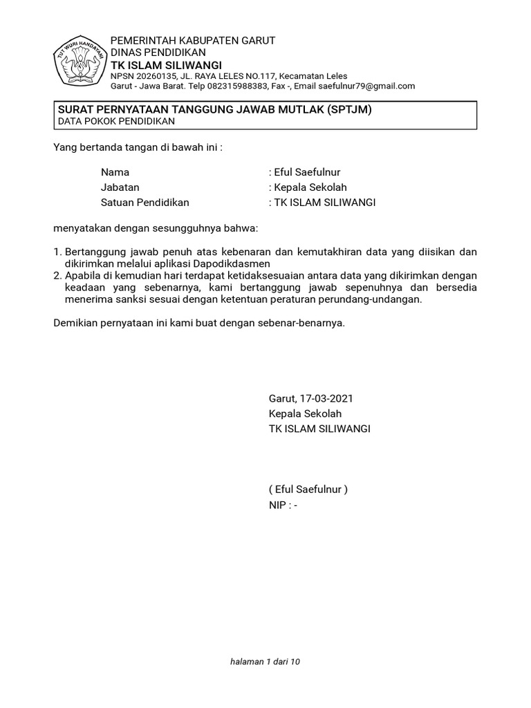 Contoh Format SPTJM | PDF
