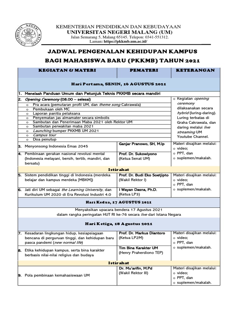 Jadwal PKKMB UM D3 & S1 Tahun 2021 | PDF