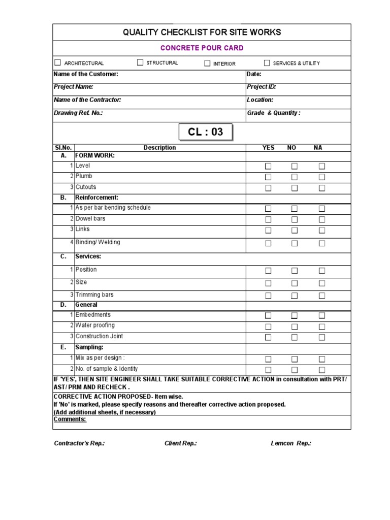 Concrete Pouring Card Checlist | PDF