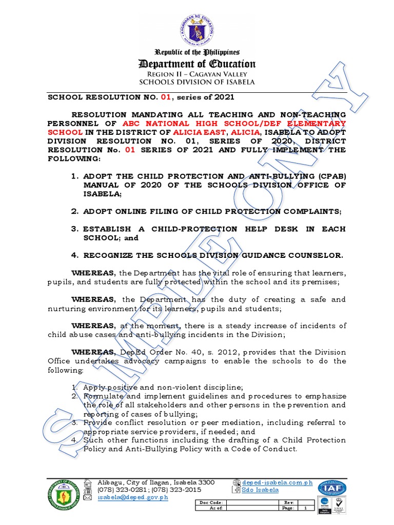 Resolution Mandating the Implementation of Child Protection Policies ...