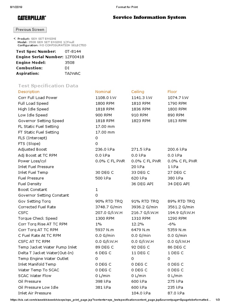 CATERPILLAR 3508 Genset TEST SPEC | PDF | Turbocharger | Engines