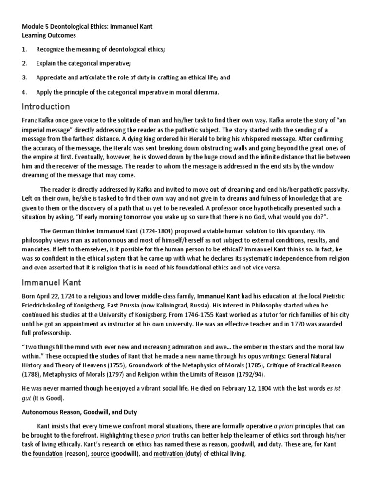 Module 5 Deontological Ethics. Immanuel Kant | PDF | Immanuel Kant | Reason