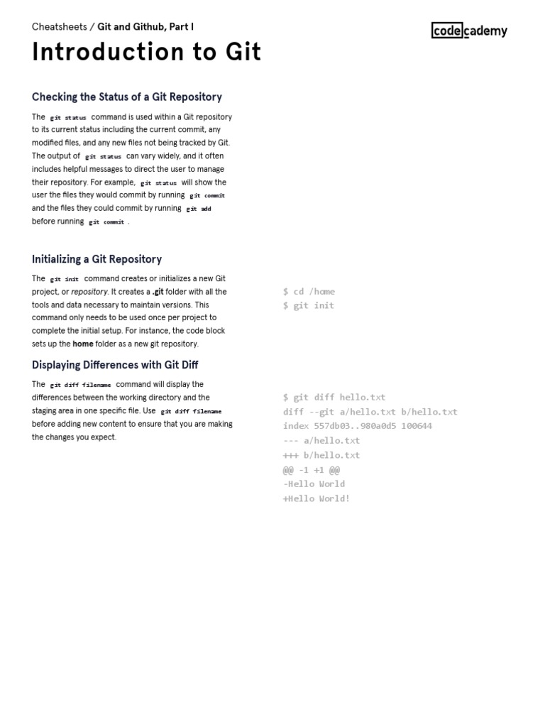 Git and Github, Part I - Introduction To Git Cheatsheet - Codecademy | PDF | Computer File ...