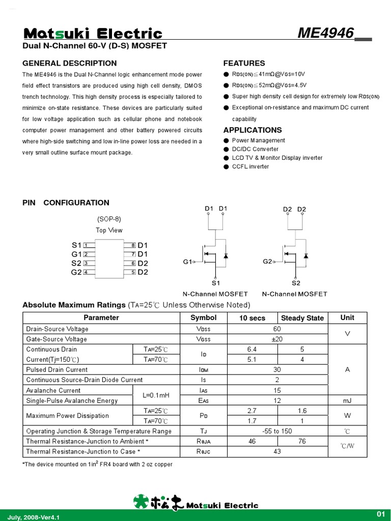 Dual N-Channel 60-V (D-S) MOSFET: General Description Features | PDF ...