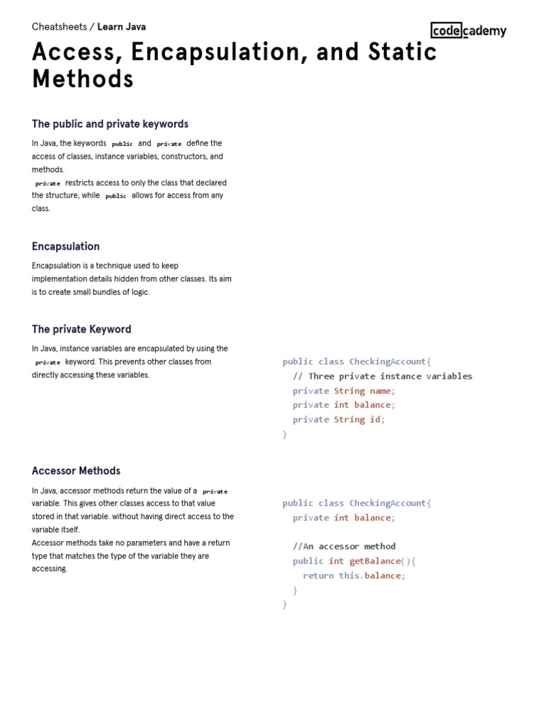 Learn Java Access Encapsulation And Static Methods Cheatsheet Codecademy Pdf Method