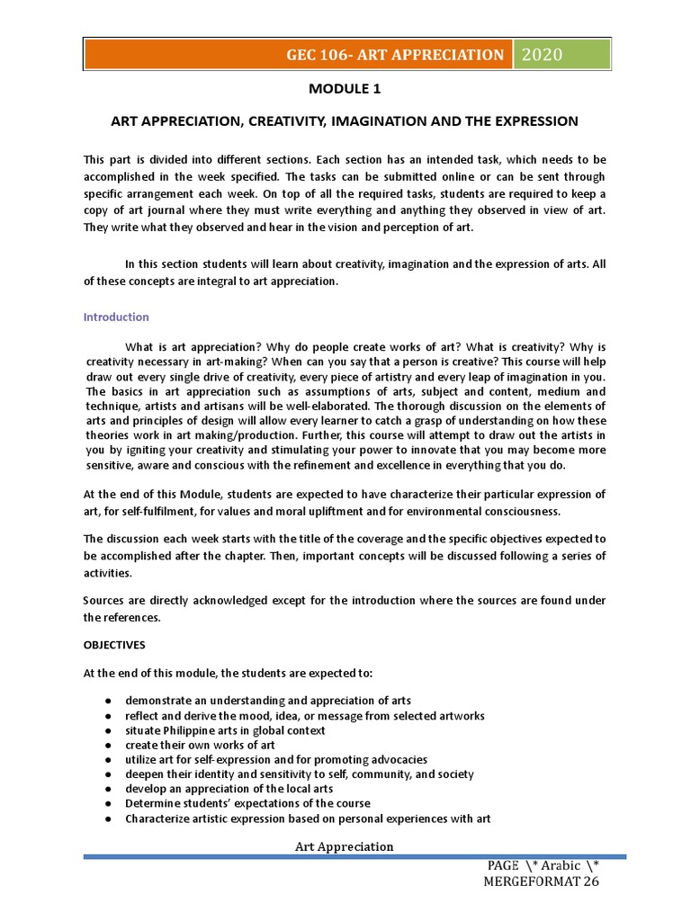 Gec106 - Art Appreciation Module | PDF | Creativity | Improvisation