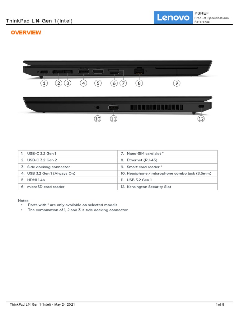 ThinkPad L14 Gen 1 Intel Spec | PDF | Usb | Solid State Drive