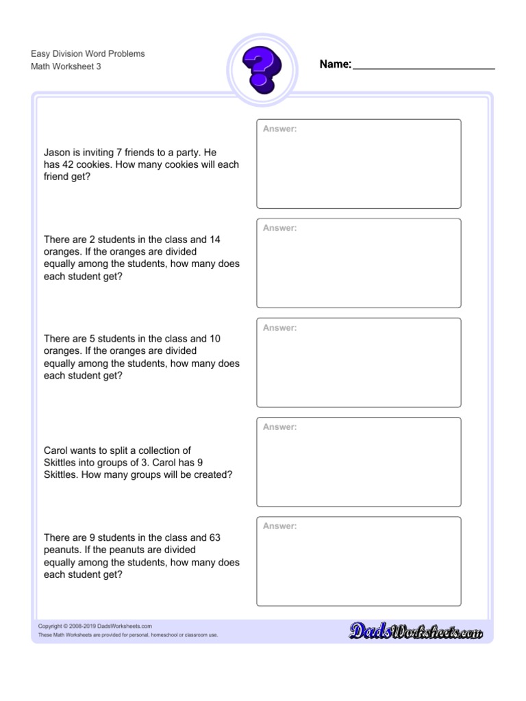 Easy Division Word Problems Math Worksheet 3: Answer | PDF