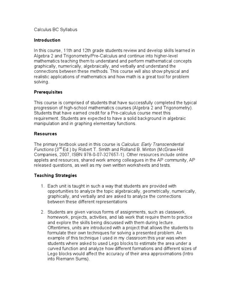 Calculus BC Syllabus | PDF | Integral | Derivative