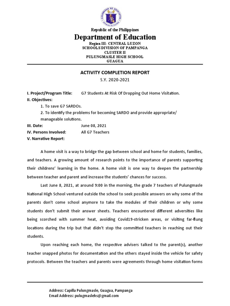 Department of Education: Activity Completion Report | PDF