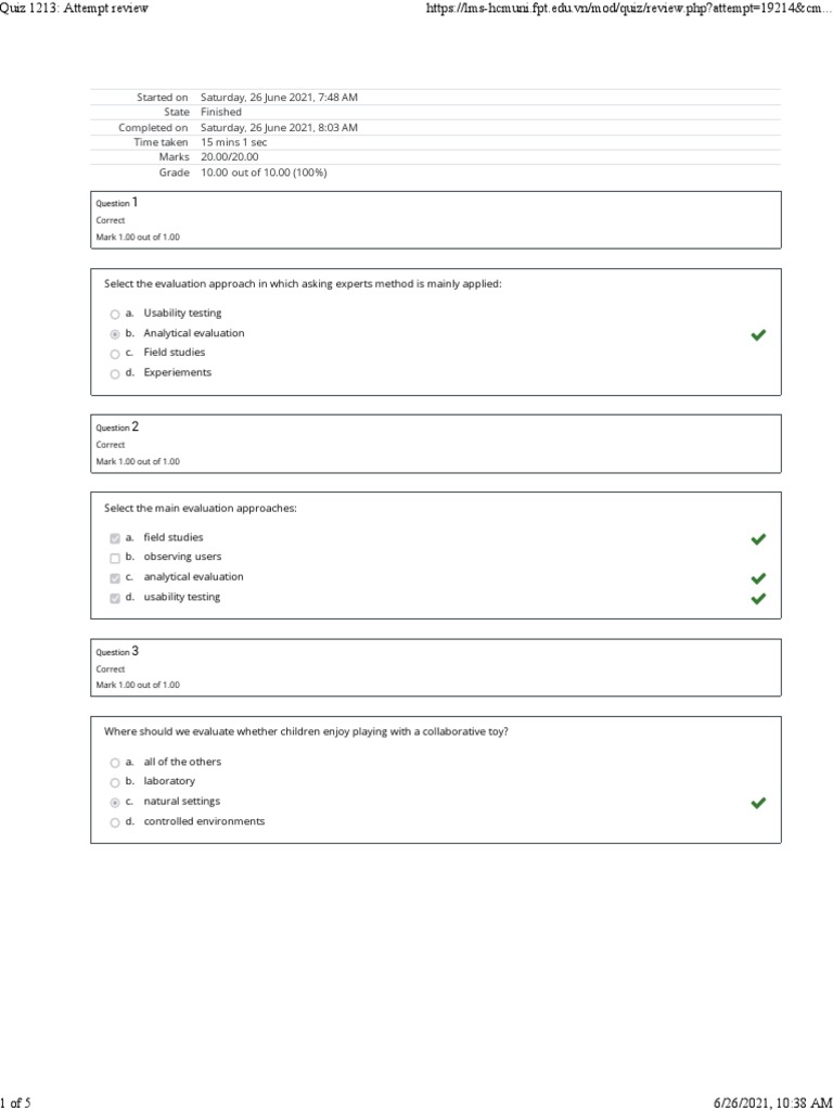 HCI201 Quiz-1213 | PDF | Usability | Evaluation