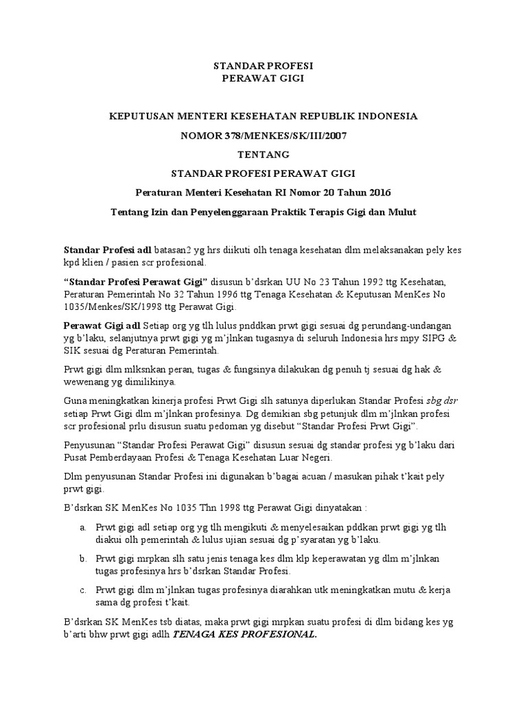 Standar Profesi Perawat Gigi | PDF