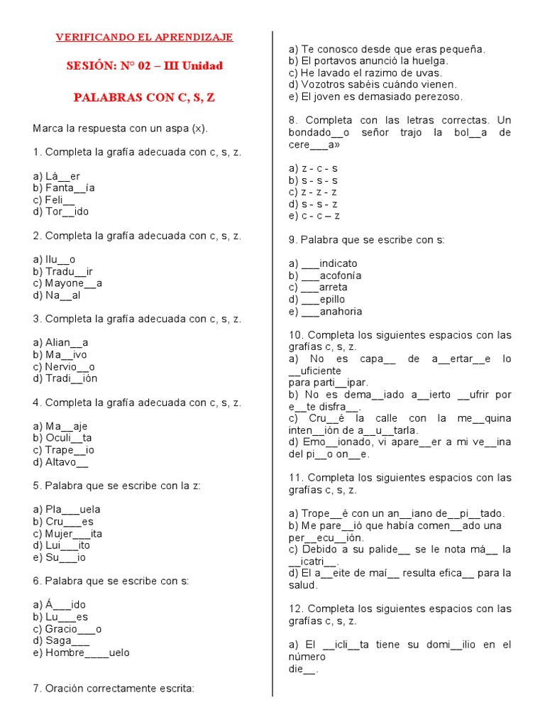 Ficha de Aplicacion Palabras Con C S Z - 2021 | PDF