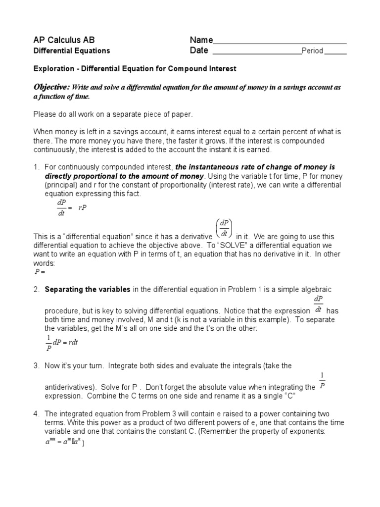 Differential Equations in Compound Interest | PDF | Equations | Calculus