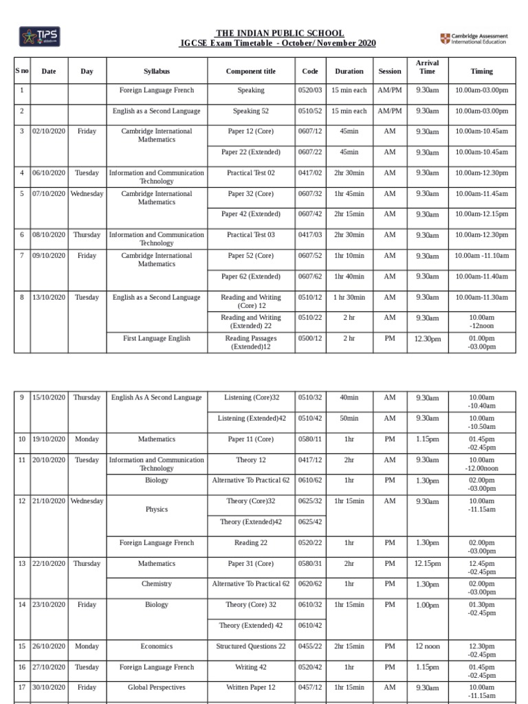 The Indian Public School IGCSE Exam Timetable - October/ November 2020 ...