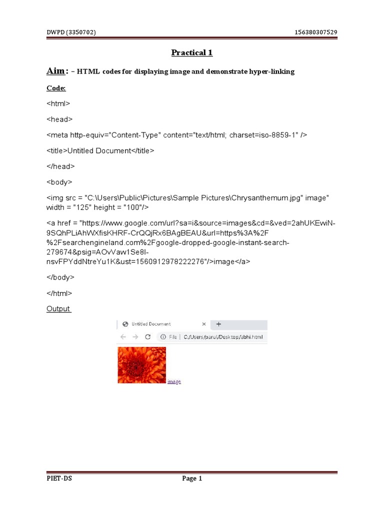 Practical 1: HTML Codes For Displaying Image and Demonstrate Hyper ...