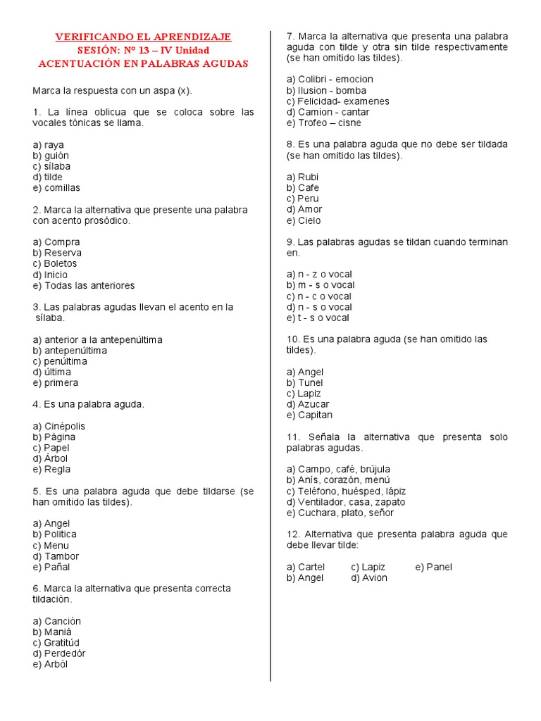 Acentuacion en Palabras Agudas - Sesion N 13 - Iv Unidad - 2021 | PDF ...