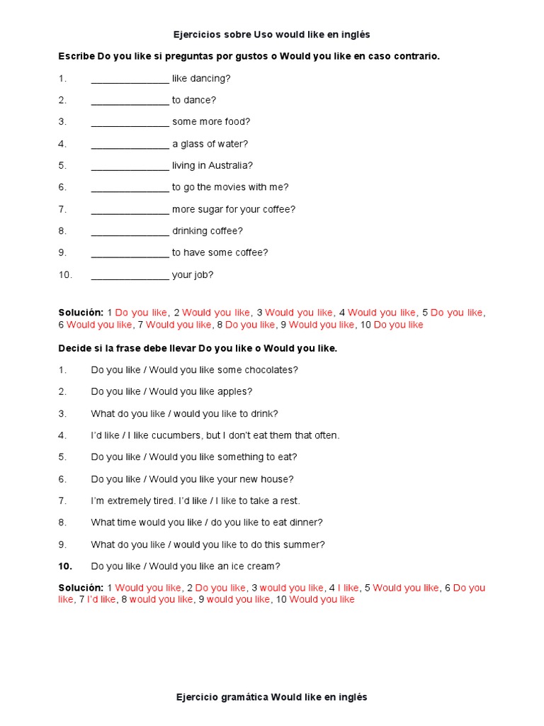 Exercises With Would Like | PDF