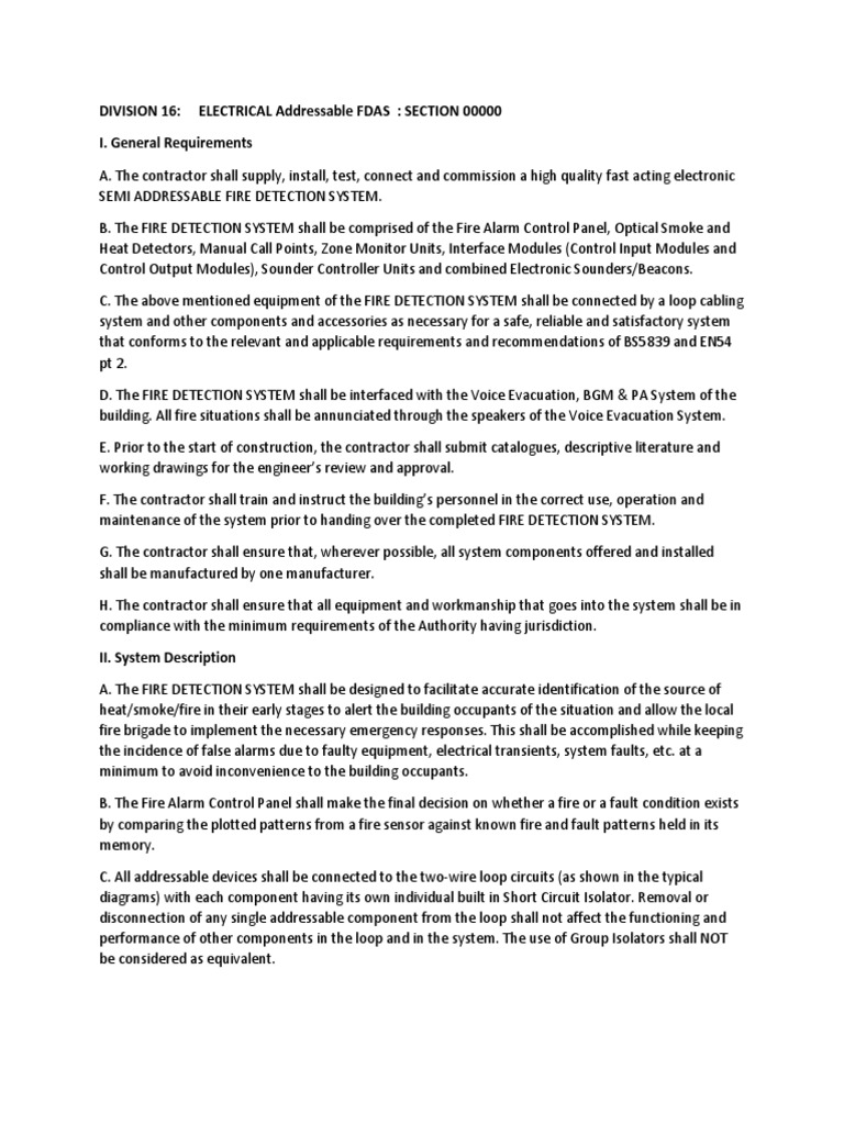 Division 16: Electrical Addressable Fdas: Section 00000 I. General ...