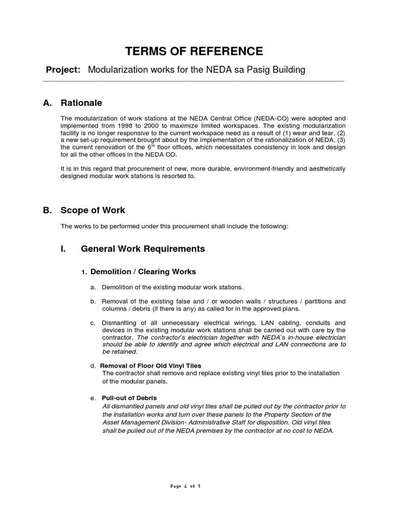 Terms of Reference: Project: Modularization Works For The NEDA Sa Pasig ...