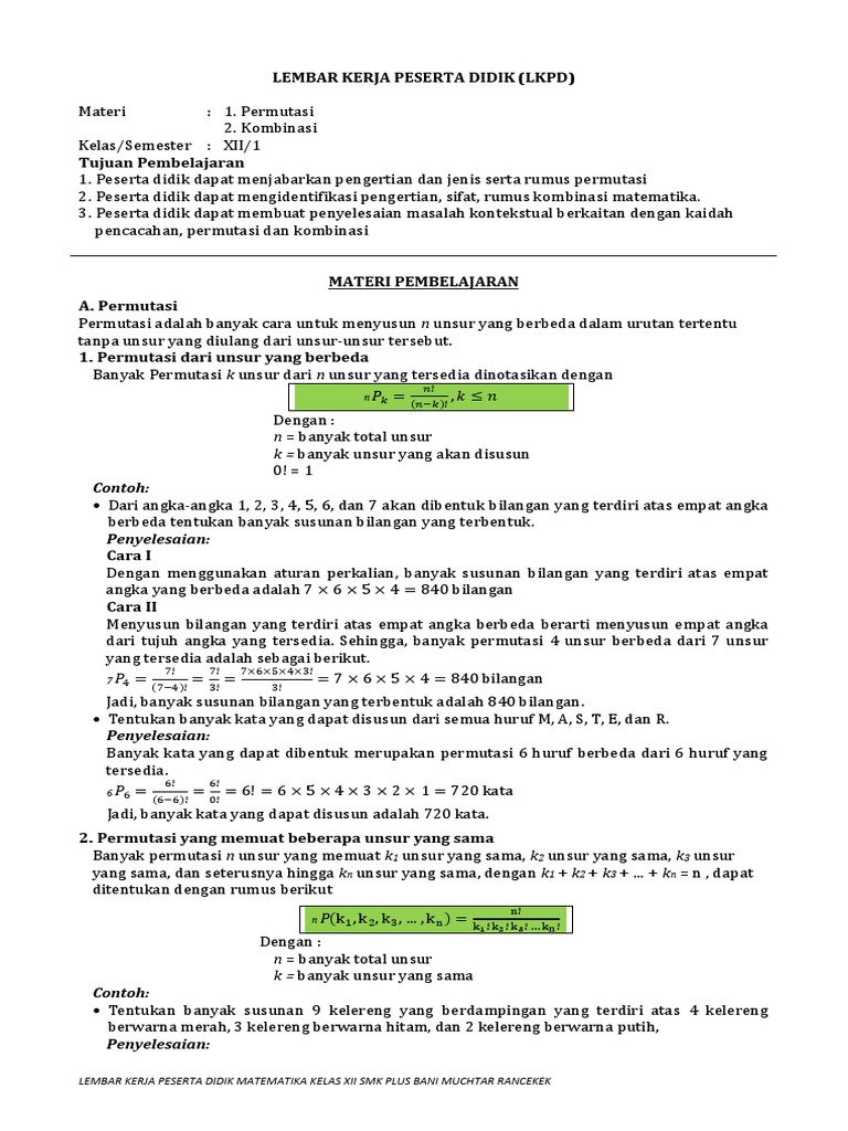 LKPD MTK 12 - Permutasi & Kombinasi | PDF | Seni & Disiplin Bahasa | Metode & Bahan Ajar