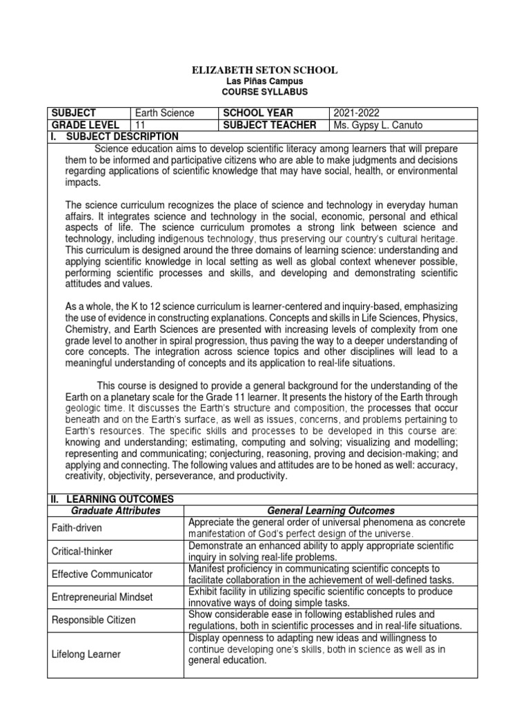 Course-Syllabus-Earth Science 11 | PDF | Plate Tectonics | Geology