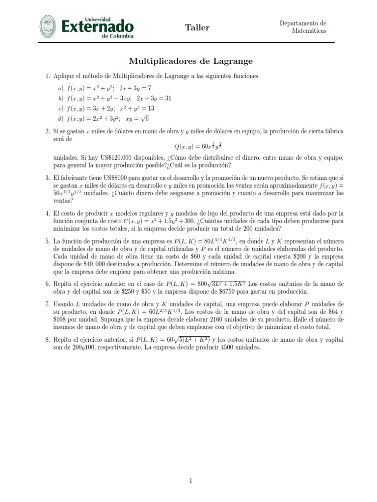 Taller Multiplicadores de Lagrange | PDF | Economias