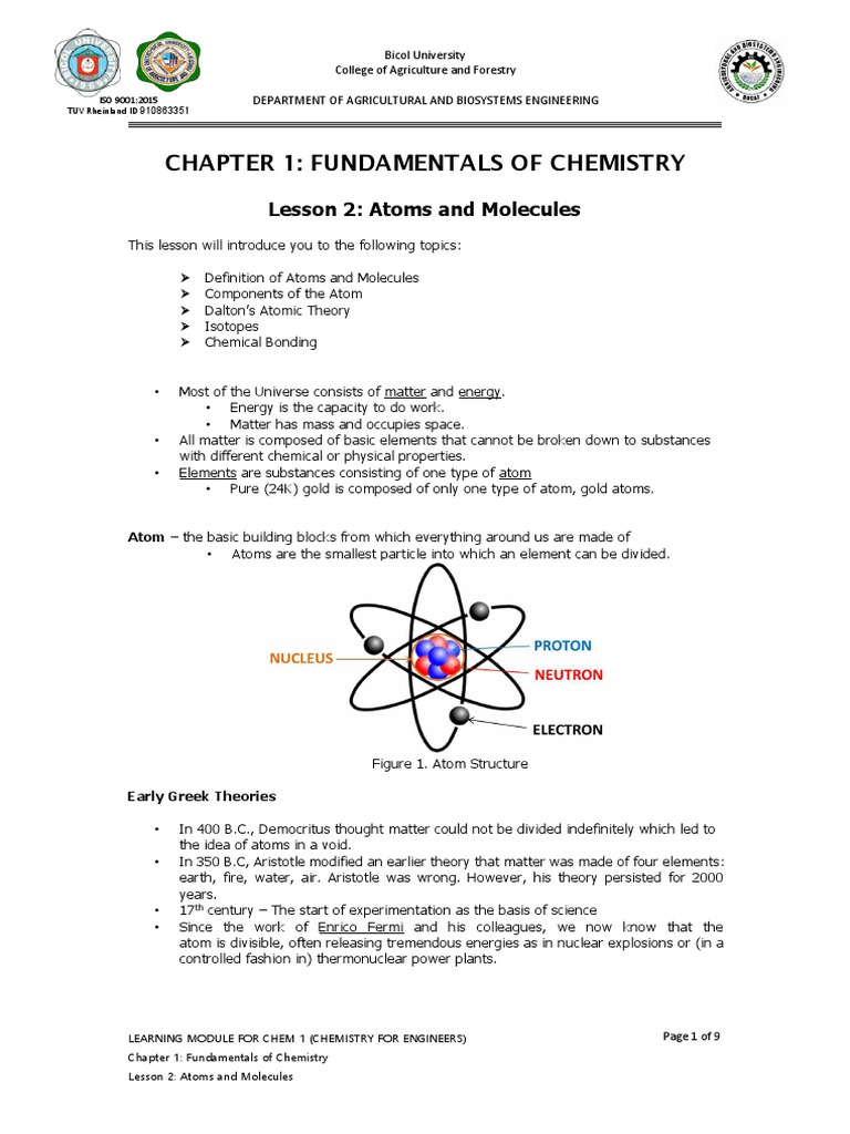 Chapter 1 Fundamentals Of Chemistry Lesson 2 Atoms And Molecules