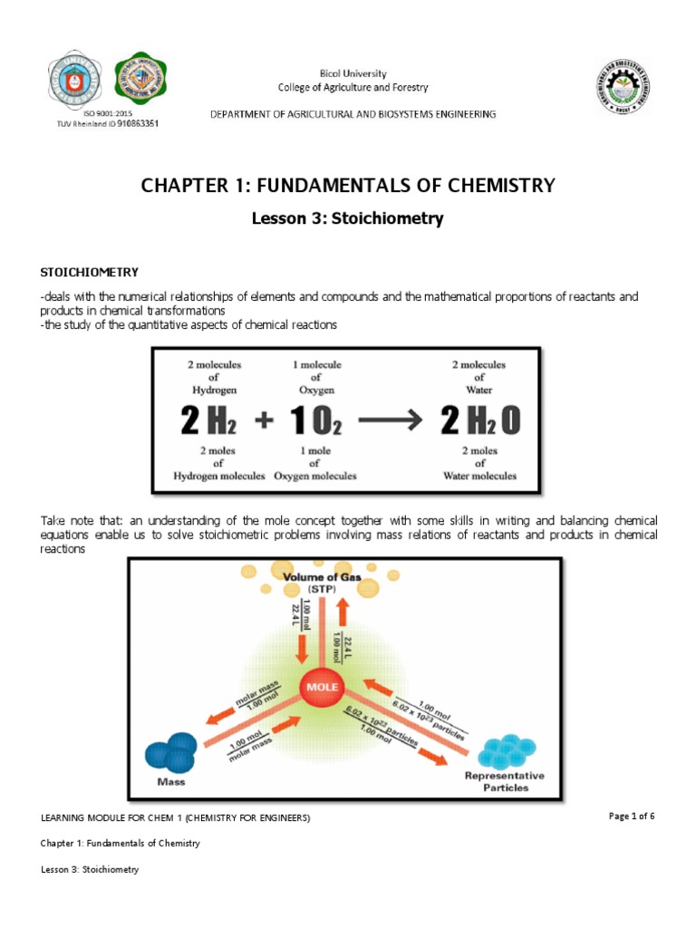 Chapter 1: Fundamentals of Chemistry: Lesson 3: Stoichiometry | PDF ...