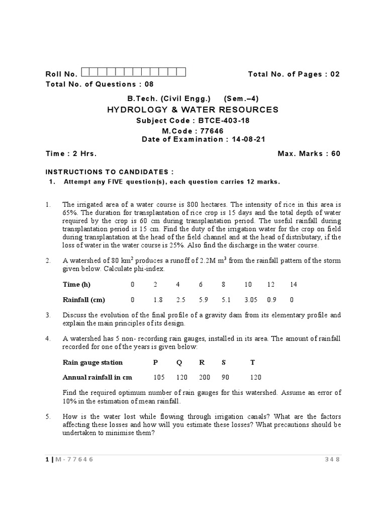 Hydrology & Water Resources: Inst Ruct Ions T O Cand Idat Es | PDF | Discharge (Hydrology) | Rain