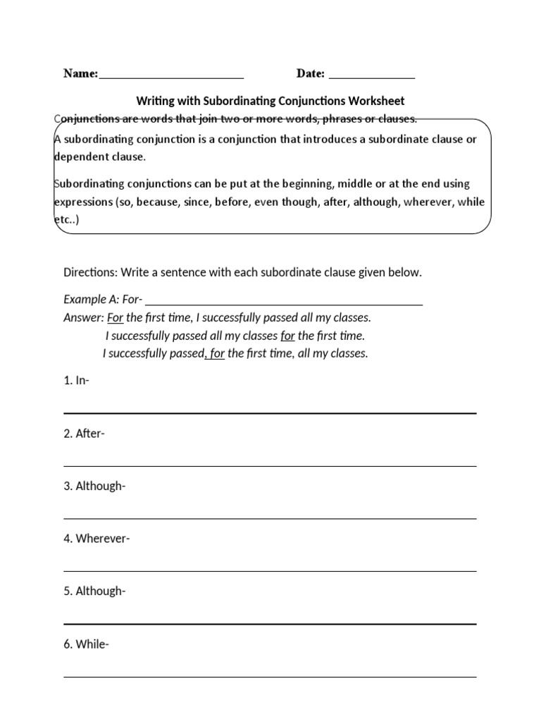 Subordinating Conjunctions Worksheet | PDF | Language Arts & Discipline