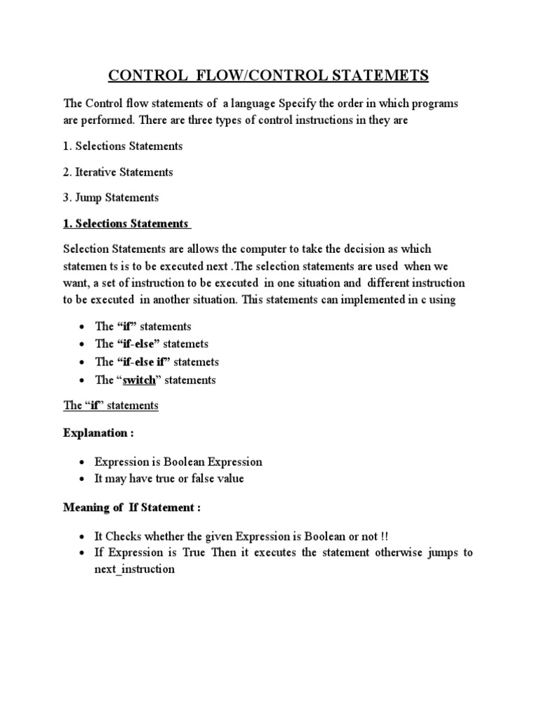 Control Flowcontrol Statemets 1 Selections Statements Pdf Control Flow Computer Programming 