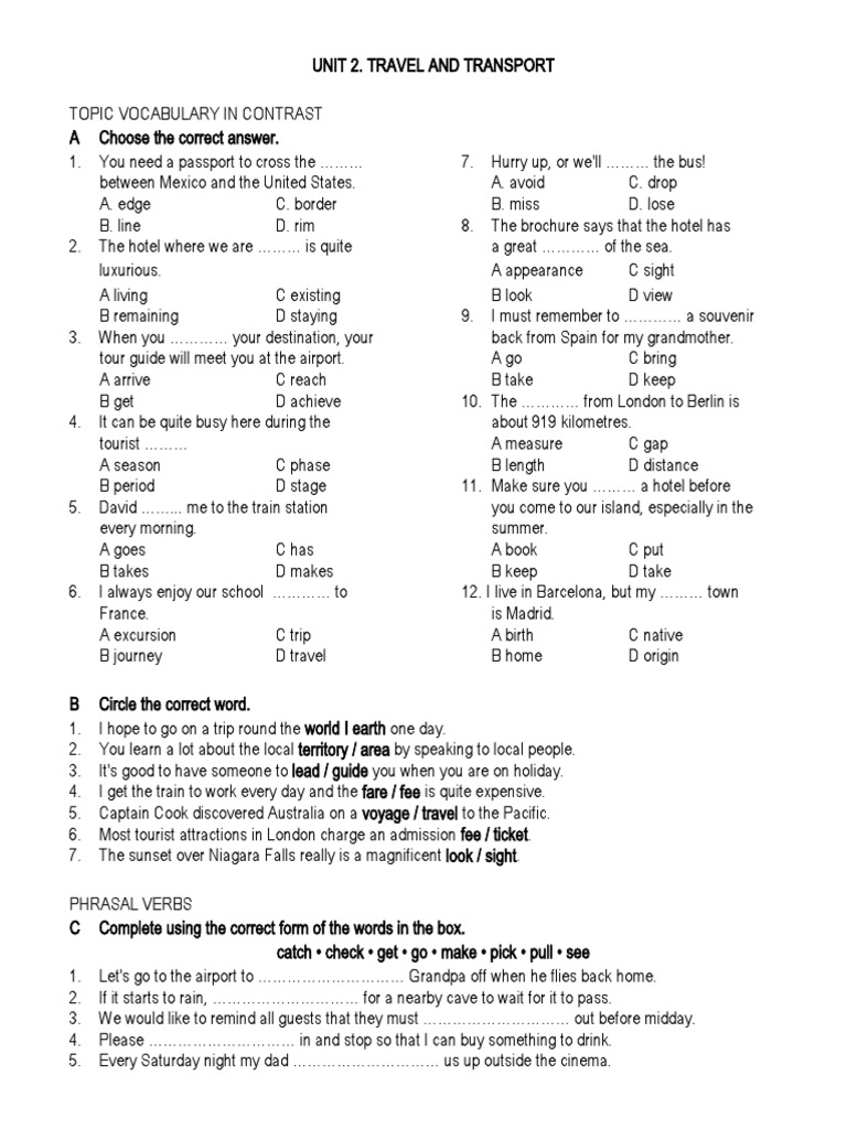 UNIT 2 - Travel and Transport Ex. | PDF