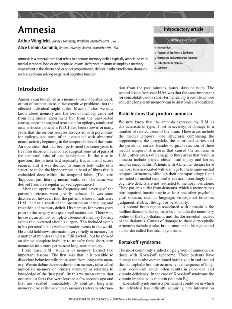 Amnesia: Arthur Wingfield, Alice Cronin-Golomb | PDF | Amnesia | Memory