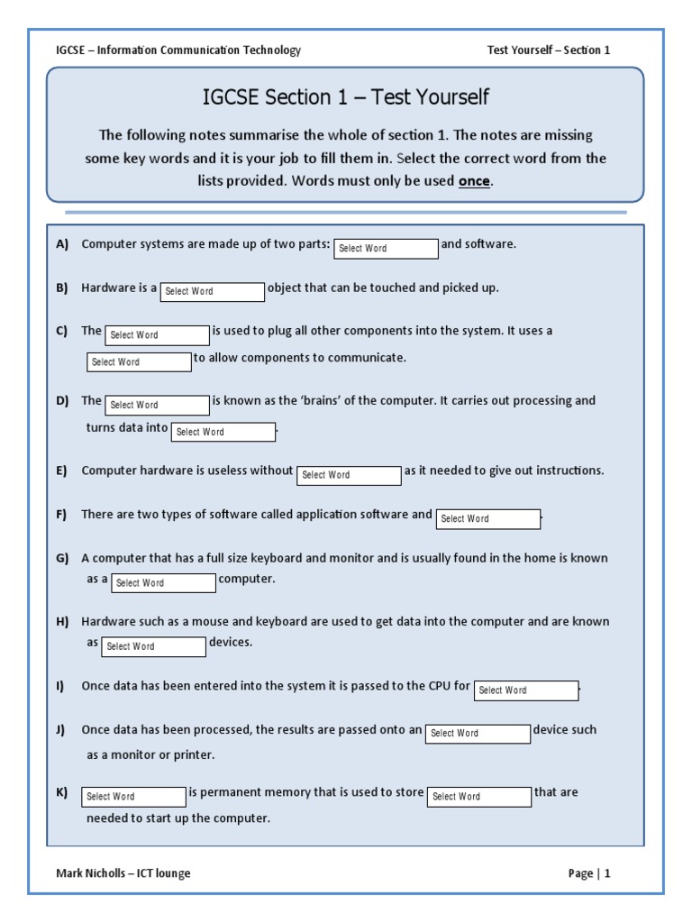 Igcse Section1 Fill Blanks | PDF | Graphical User Interfaces | Computer Data Storage