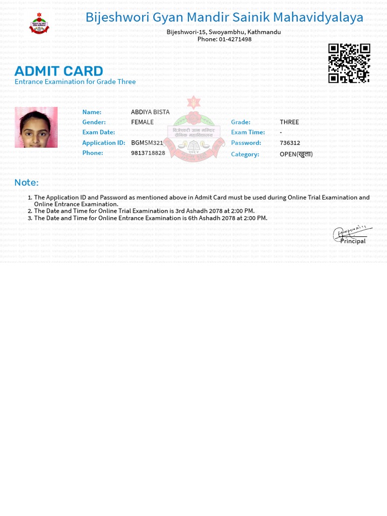 Bijeshwori Gyan Mandir Sainik Mahavidyalaya - Admit Card | PDF | Access Control