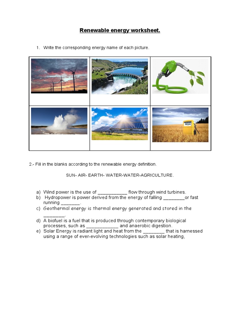 Renewable Energy Worksheet.: 1. Write The Corresponding Energy Name of ...