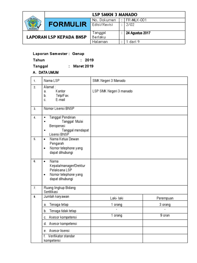 FR-MLK-001 Laporan LSP Kepada BNSP | PDF