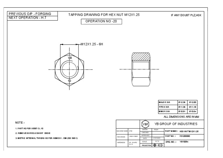 M12 Hex Nut Tapping Drawing | PDF | Machines | Crafts