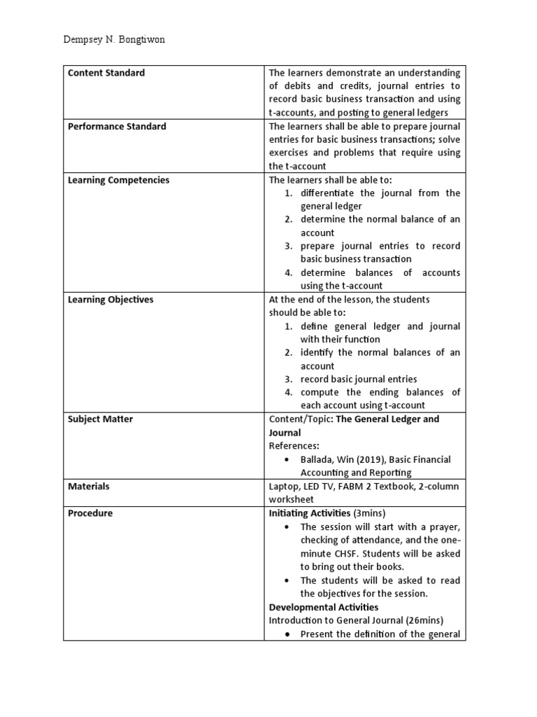 Lesson Plan | Download Free PDF | Debits And Credits | Ledger