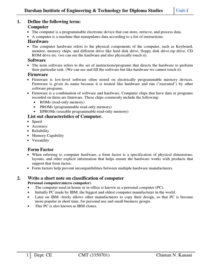 Unit-I: Darshan Institute of Engineering & Technology For Diploma Studies 1. Define The ...
