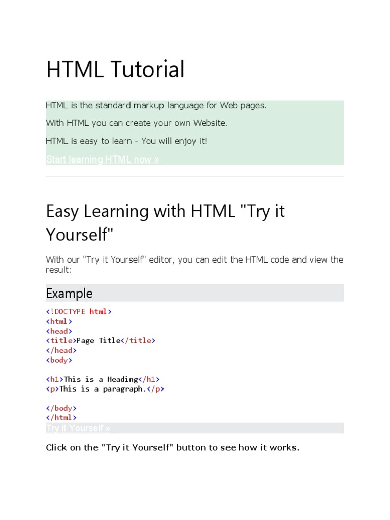 HTML Tutorial: Easy Learning With HTML "Try It Yourself" | PDF