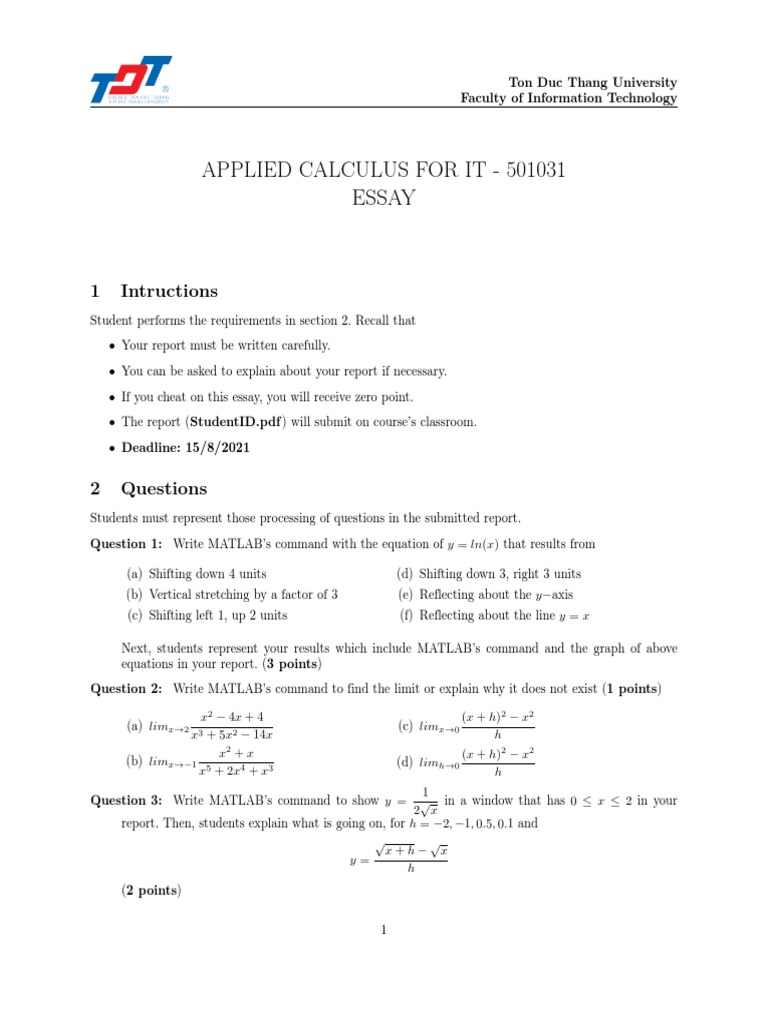 Applied Calculus For It - 501031 Essay: 1 Intructions | PDF ...