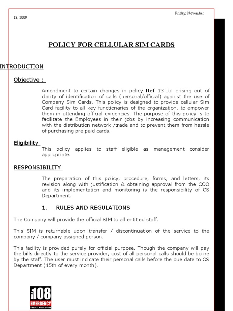 Policy For Cellular Sim Cards | PDF | Government | Business