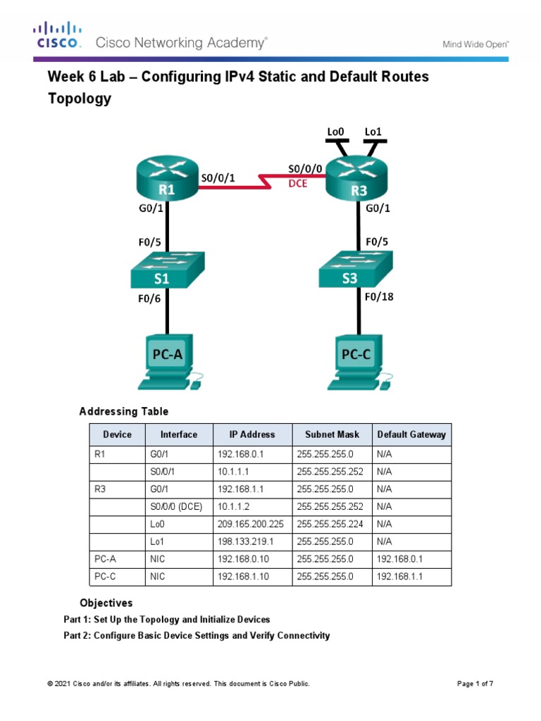Week 6 Lab Configuring Ipv4 Static And Default Routes Pdf Ip Address Router Computing