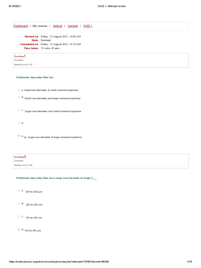 Quiz 1 - Attempt Review | PDF | Optical Fiber | Dispersion (Optics)