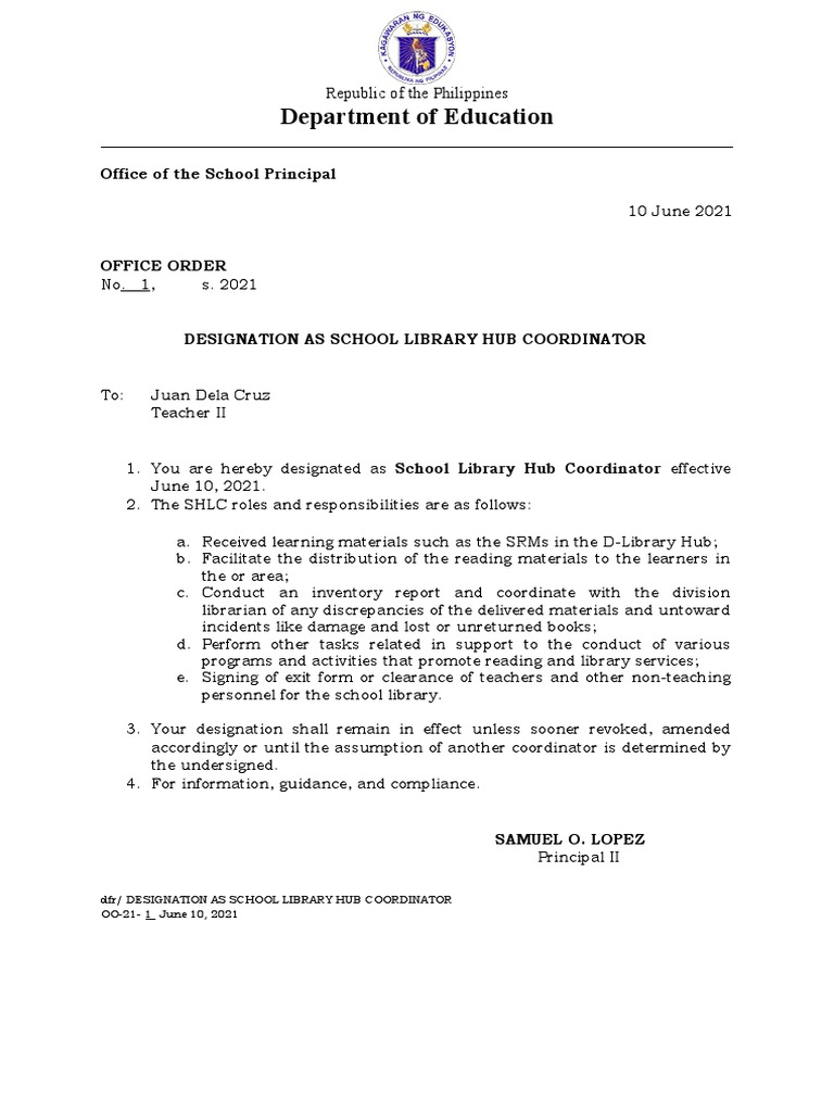 Designation Order - School Library Hub Coordinator | PDF