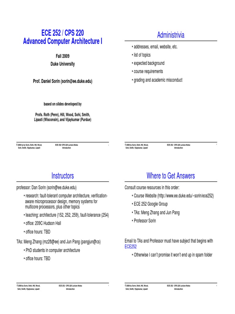 Administrivia: ECE 252 / CPS 220 Advanced Computer Architecture I | PDF | Central Processing ...