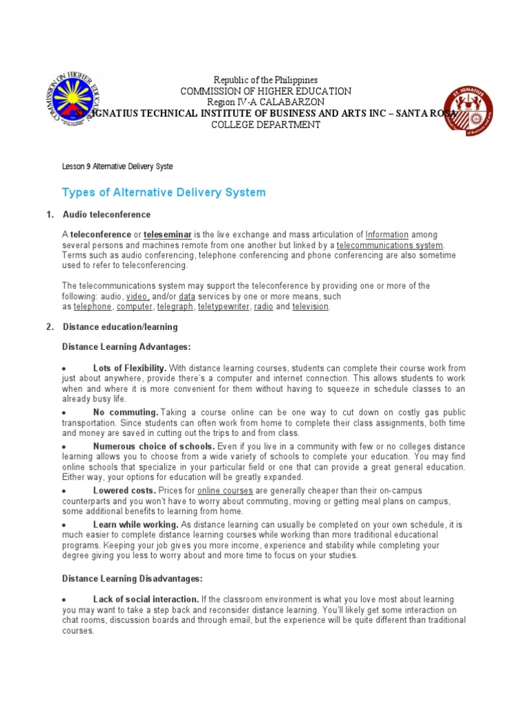 Types of Alternative Delivery System: St. Ignatius Technical Institute ...